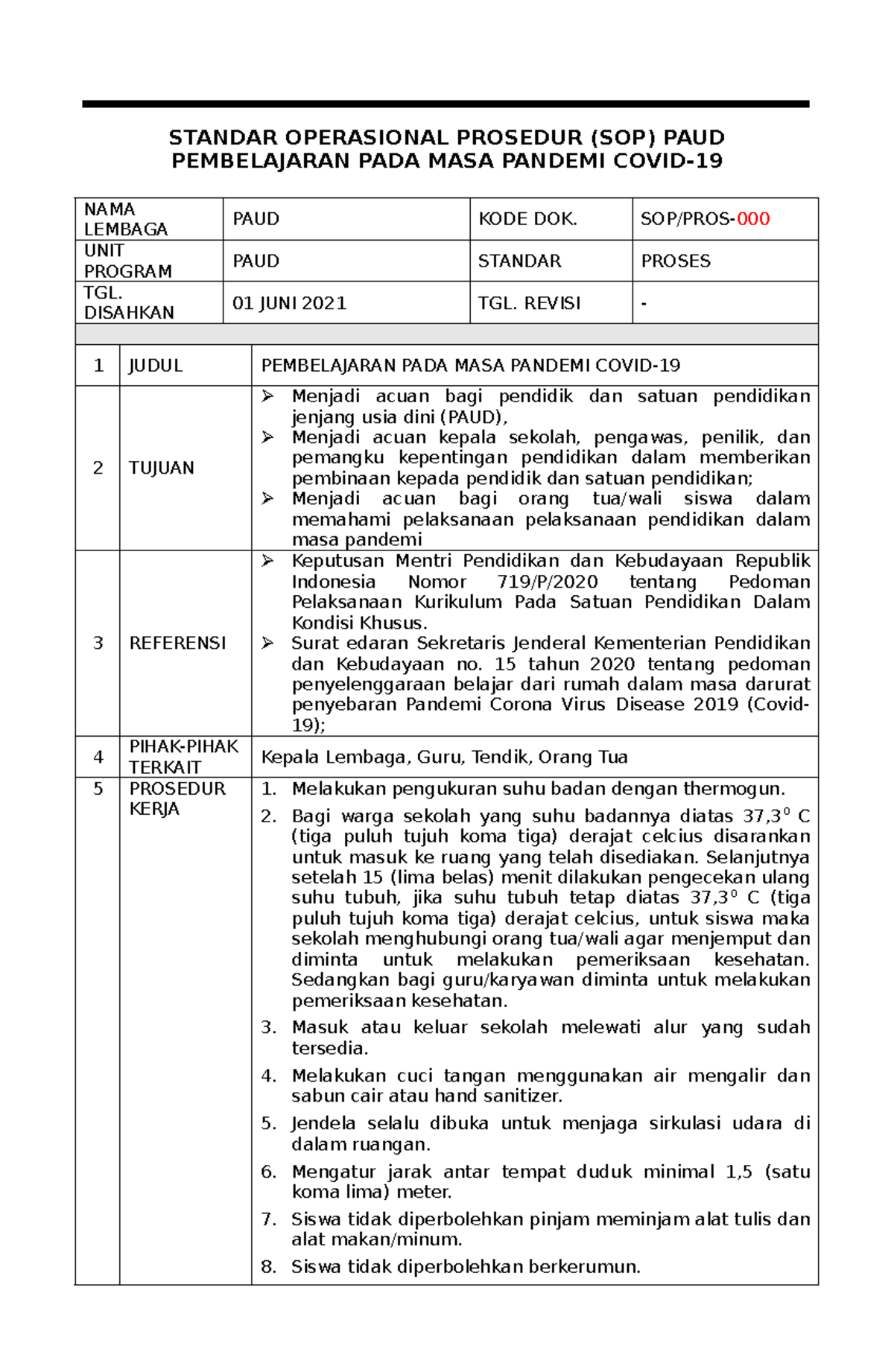 SOP PAUD Pembelajaran Masa Pandemi - Kode Dok. PAUD 01 - Studocu