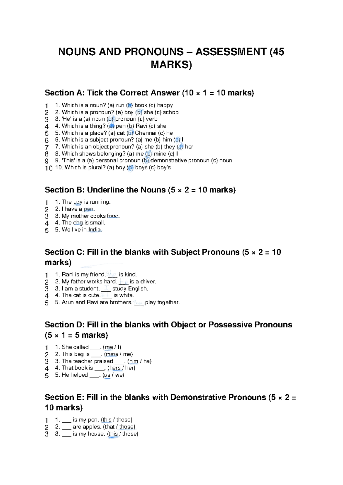 NOUNS AND PRONOUNS ASSESSMENT (45 MARKS) - Practice Test - Studocu