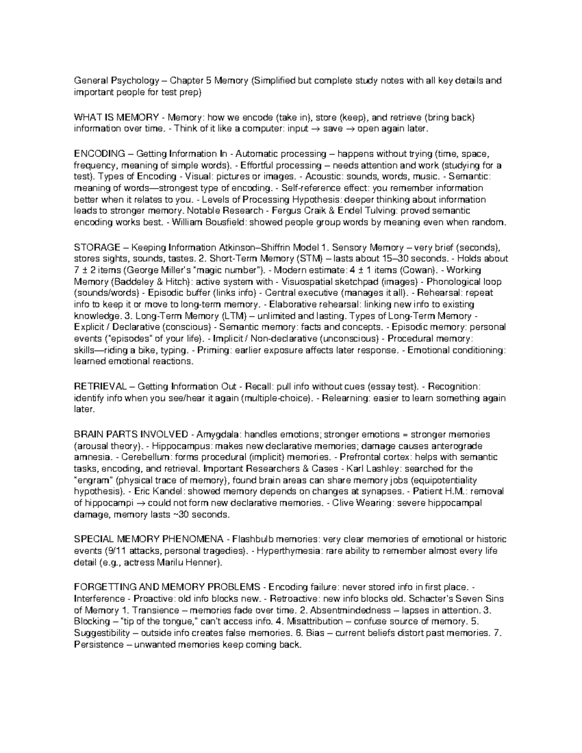 General Psychology PSY101 - Chapter 5: Memory Study Notes & Key ...