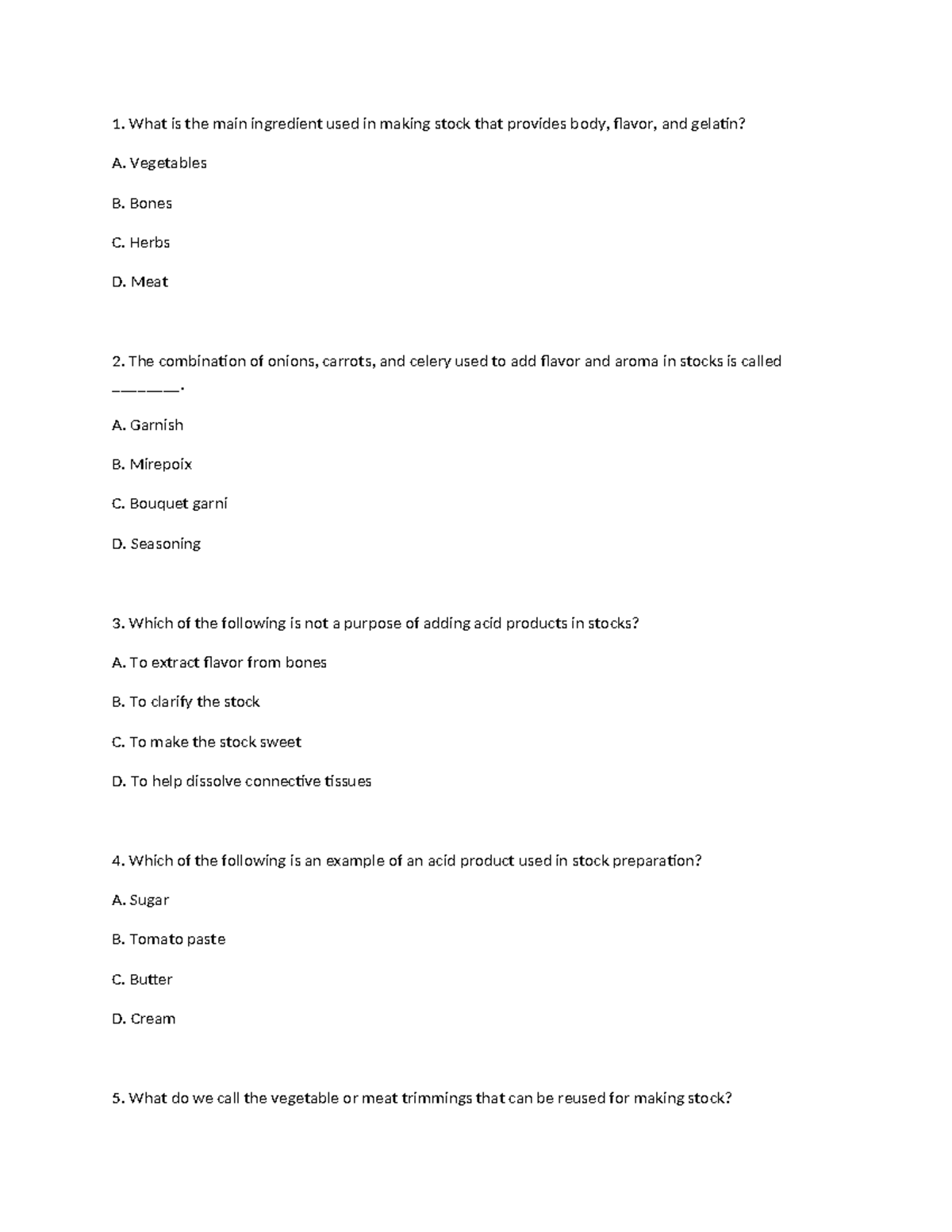 Grade 10 TLE Quiz: Understanding Stock Ingredients and Techniques - Studocu