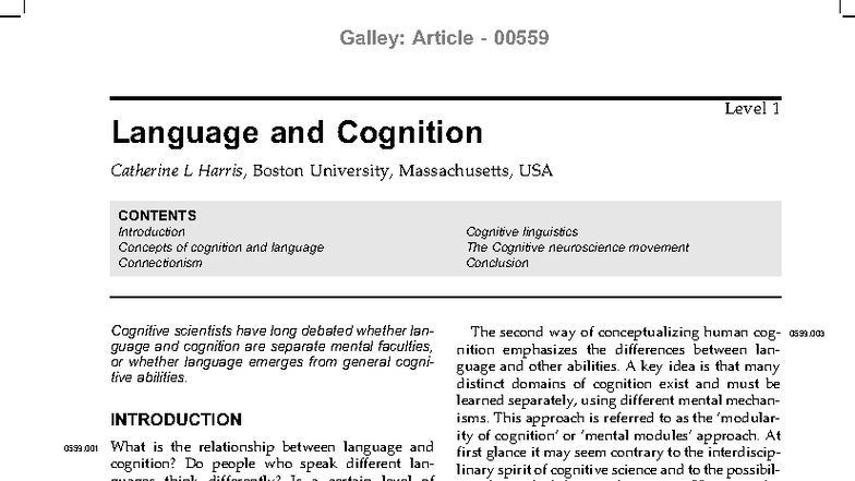 Language and Cognition: Insights from Cognitive Science (0559.001 ...