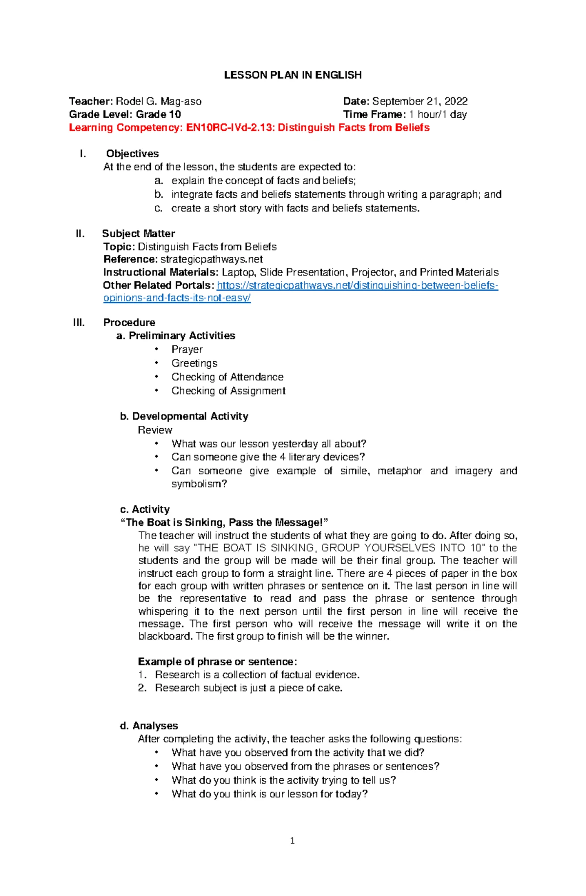 Lp-eng8 - English 8 Lesson plan - ST. CLEMENT ACADEMY Santisima ...