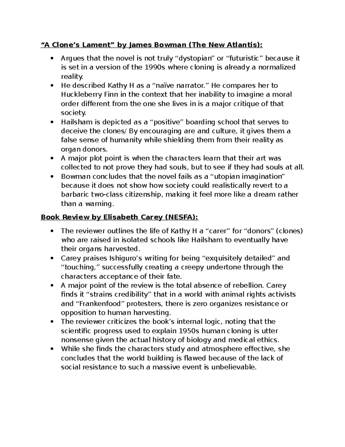 AP Lit Bullets: Analysis of "The New Atlantis" and Cloning Ethics - Studocu