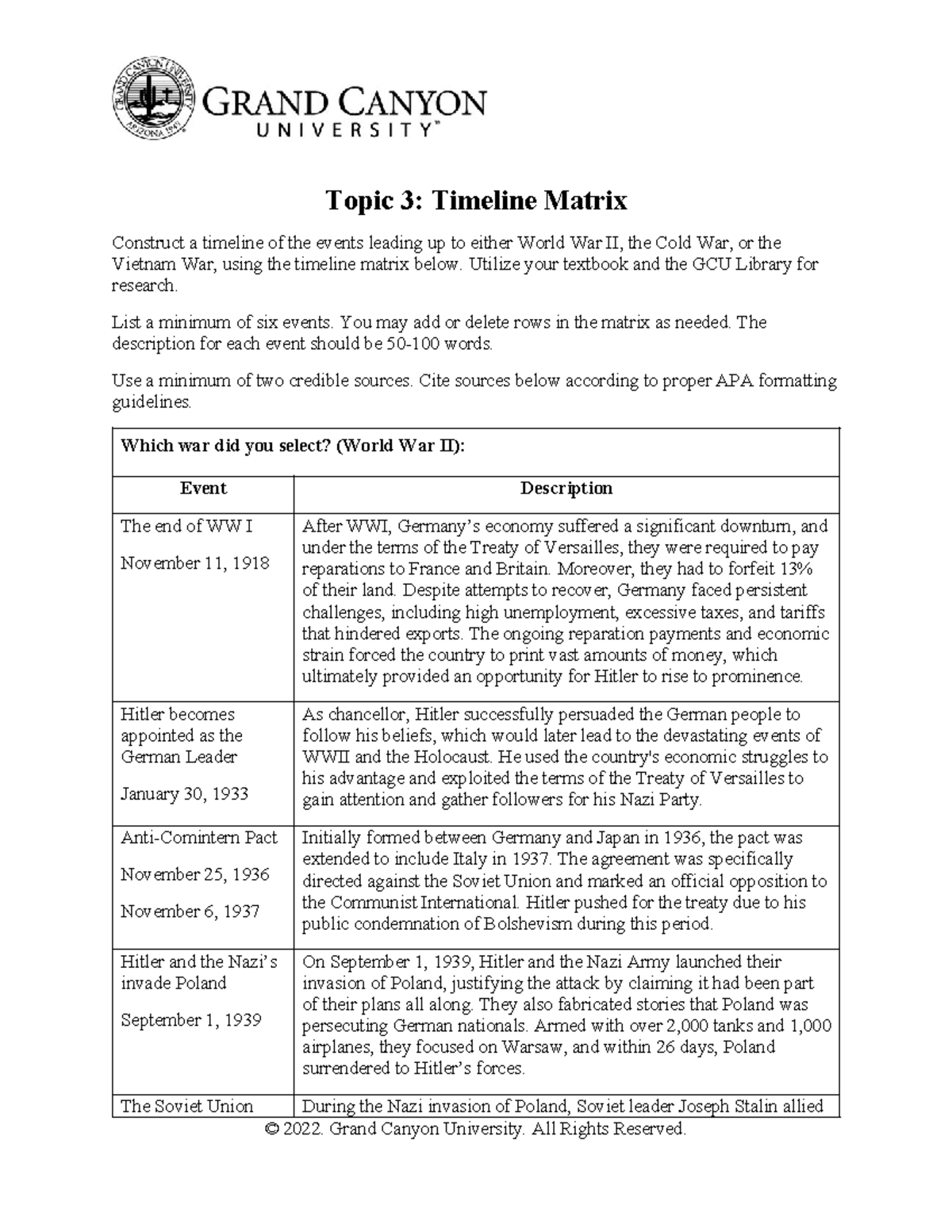 Timeline Matrix - Topic 3: Timeline Matrix Construct a timeline of the ...