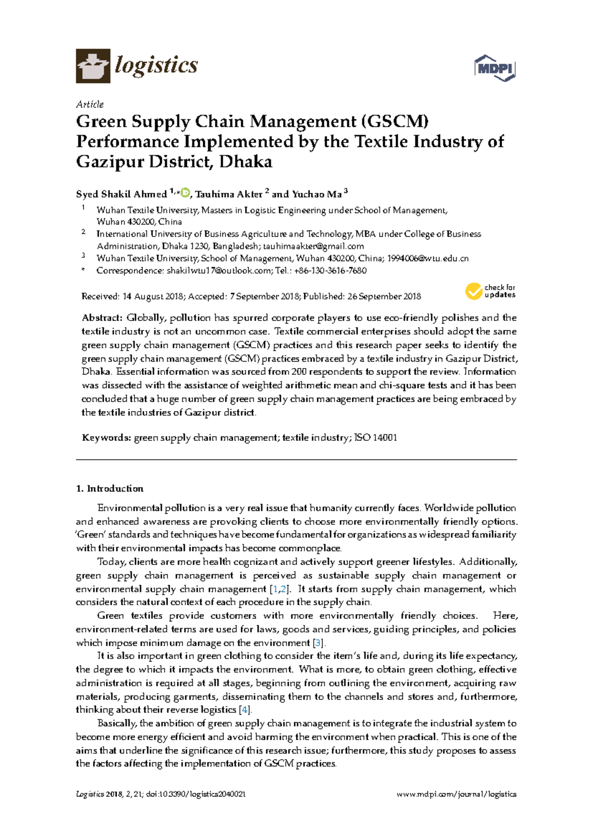 Logistics 02 00021 v2 - logistics Article Green Supply Chain Management ...