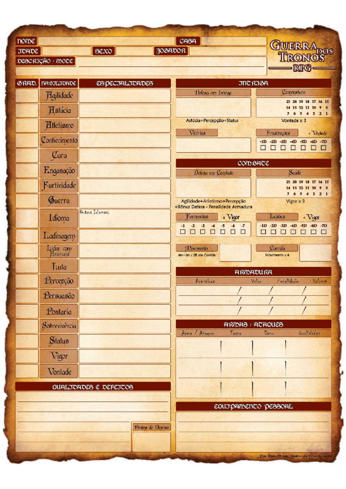 Ficha de Personagem RPG: Guerra dos Tronos - Khal ThiaGo - Studocu