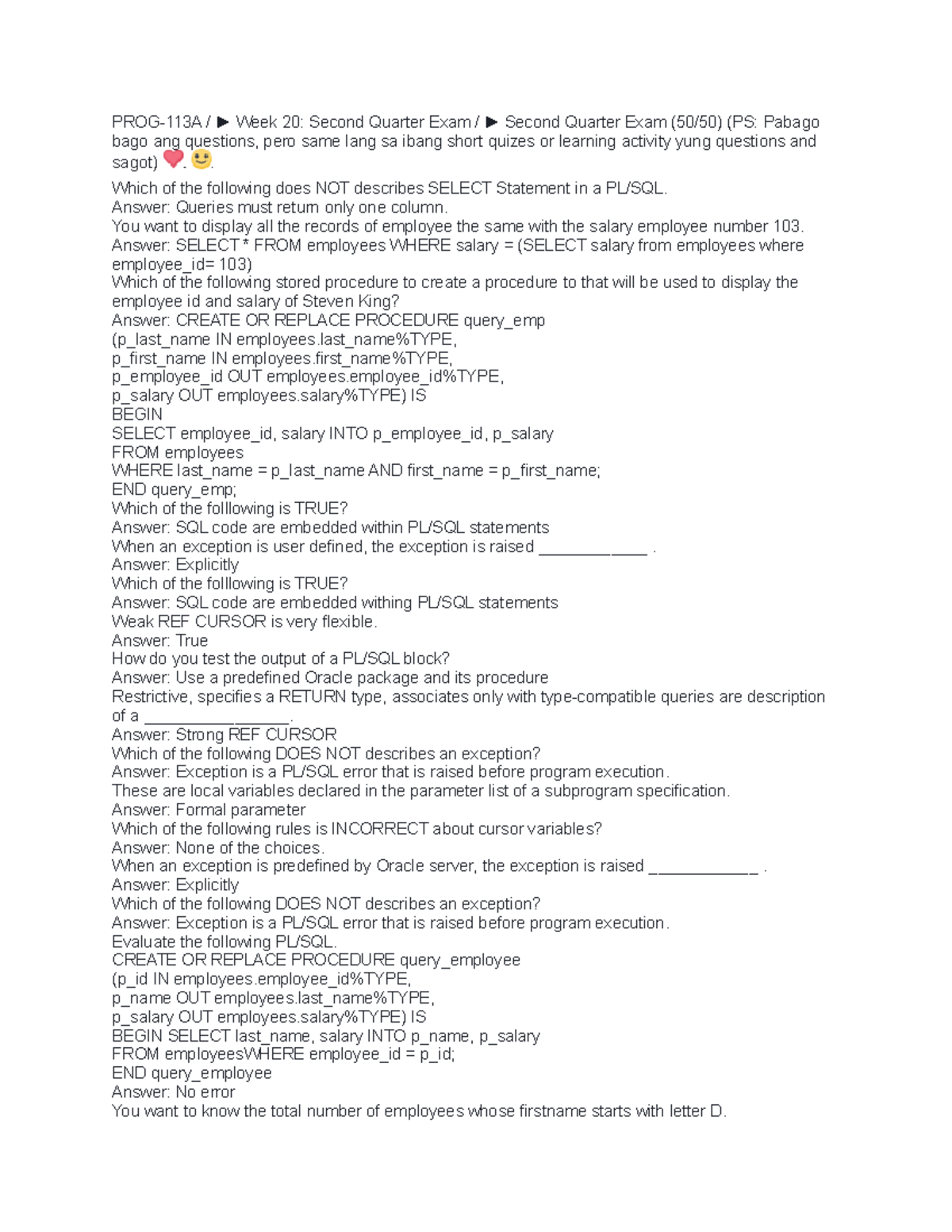 Oracle - PROG-113A / Week 20: Second Quarter Exam / Second Quarter Exam (50/50) (PS: Pabago bago ...