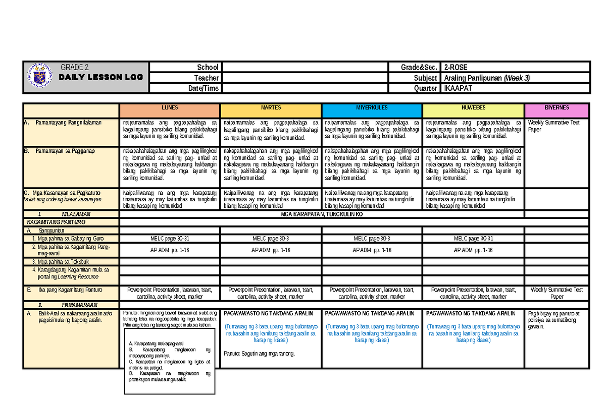 Q4 DLL AP2 WEEK-3 - None - GRADE 2 DAILY LESSON LOG School Grade&Sec. 2 ...