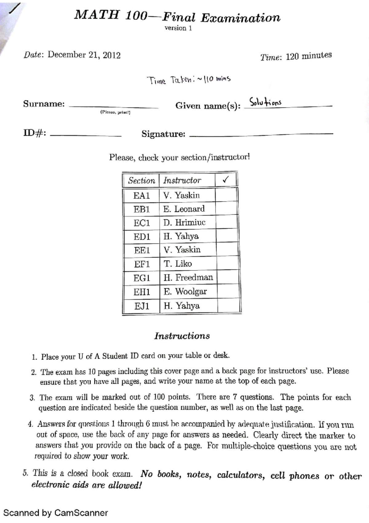 MATH 100 Fall 2012 Final Exam Solutions - Studocu