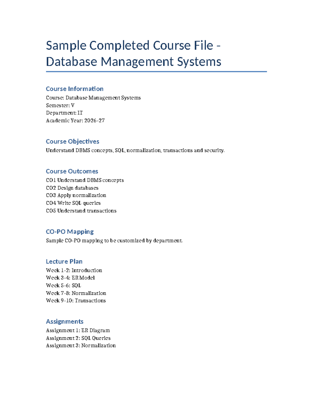 Sample Completed DBMS Course File - IT Semester V - Studocu