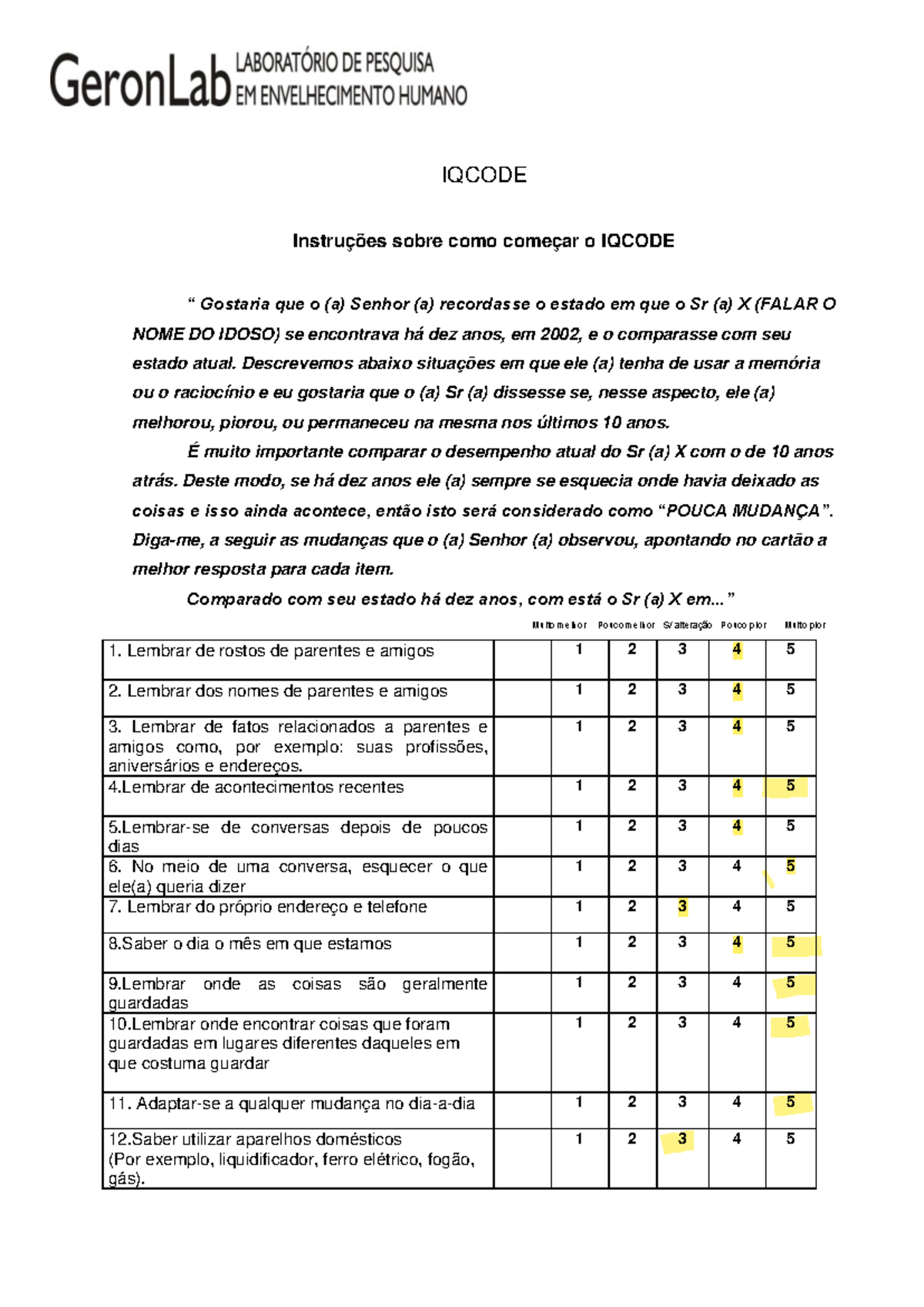Iqcode escala - IQCODE Instruções sobre como começar o IQCODE ...