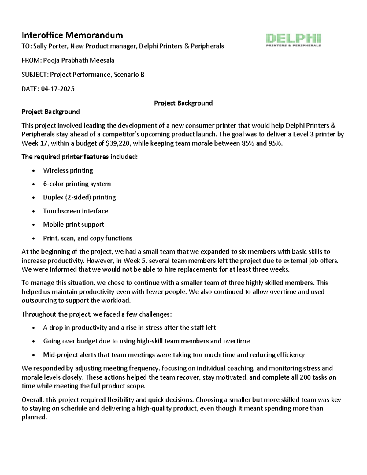 Project Performance Analysis: Simulation B for Delphi Printers ...