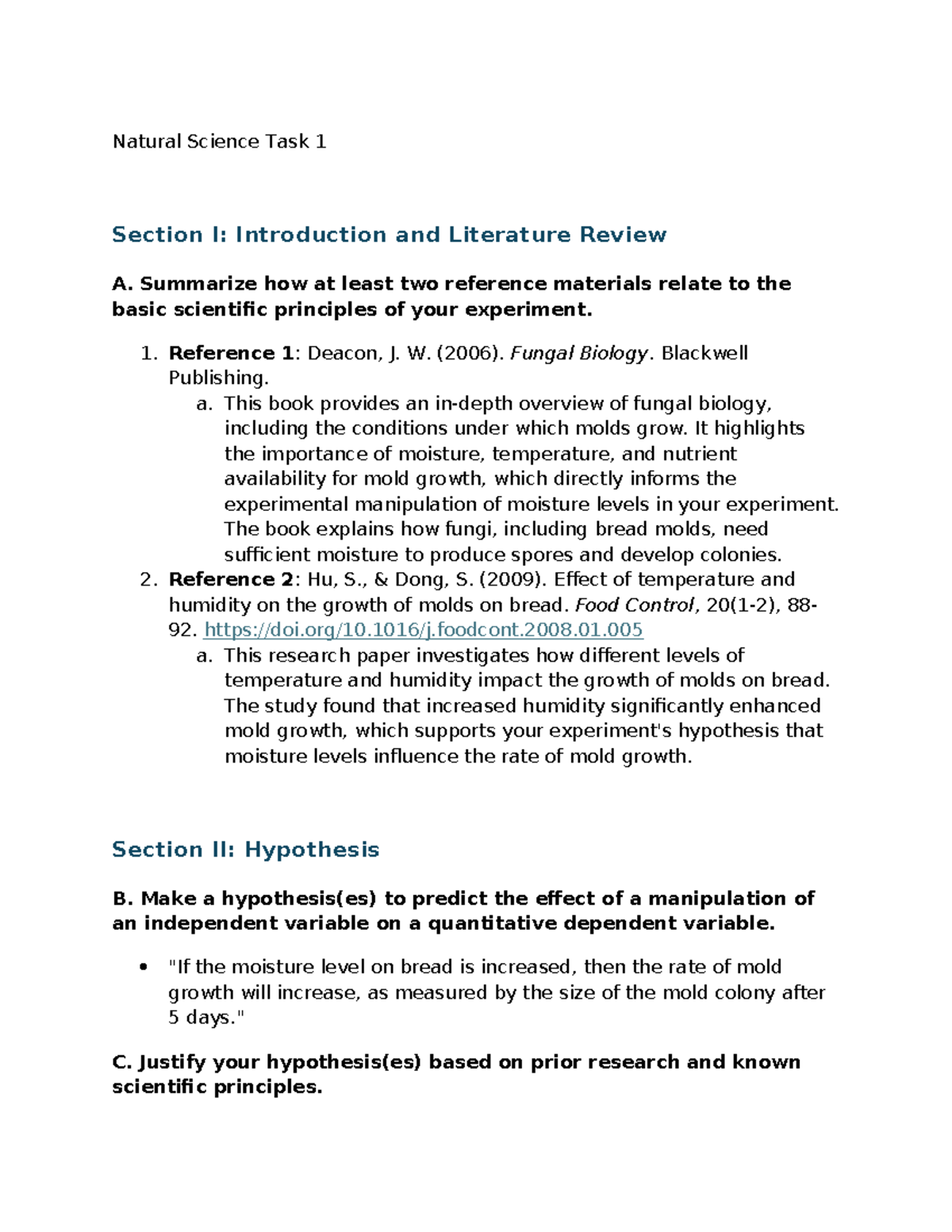 Natural Science Task 1: Mold Growth Experiment & Literature Review ...