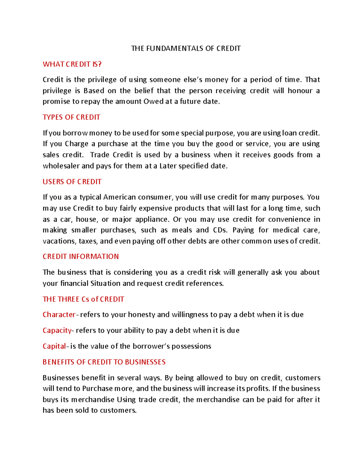 Prelim - Credit and Collection - THE FUNDAMENTALS OF CREDIT WHAT CREDIT ...