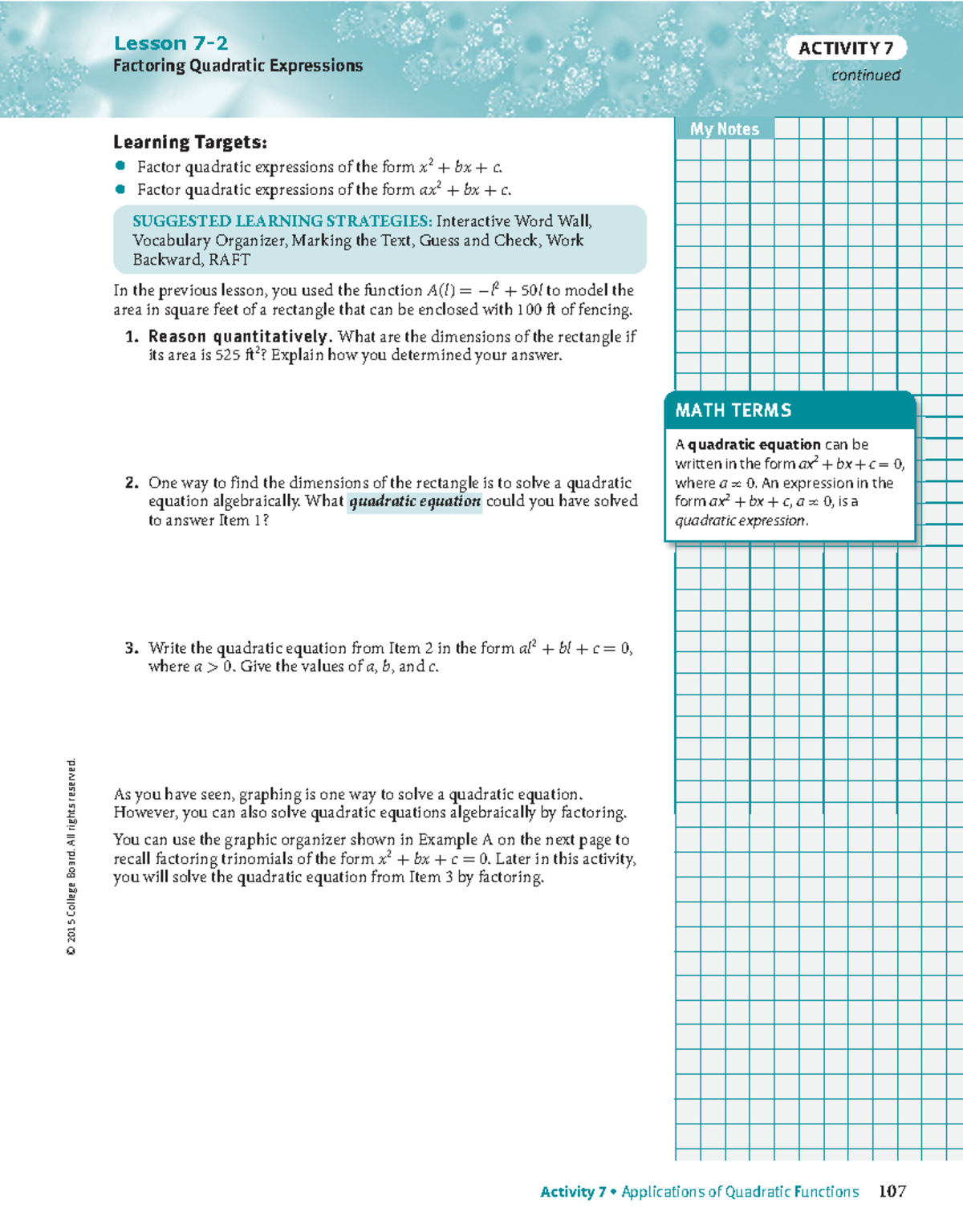 Factoring Quadratic Expressions - Lesson 7-2 Notes and Strategies - Studocu