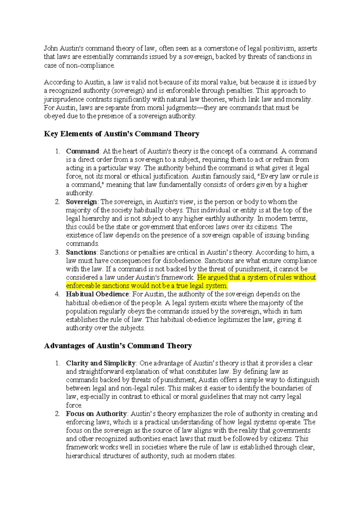 Austin's Command Theory of Law: Key Concepts & Advantages - Studocu