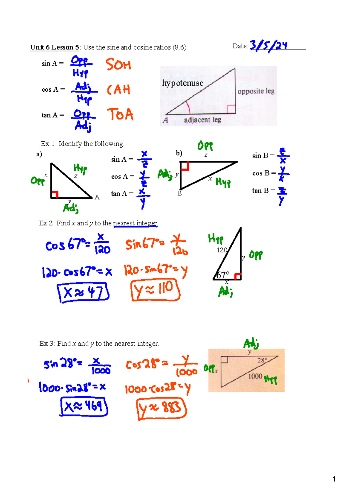 Unit 6 Lesson 5: Sine and Cosine Ratios Exercises (8.6) - 1 Unit 6 ...