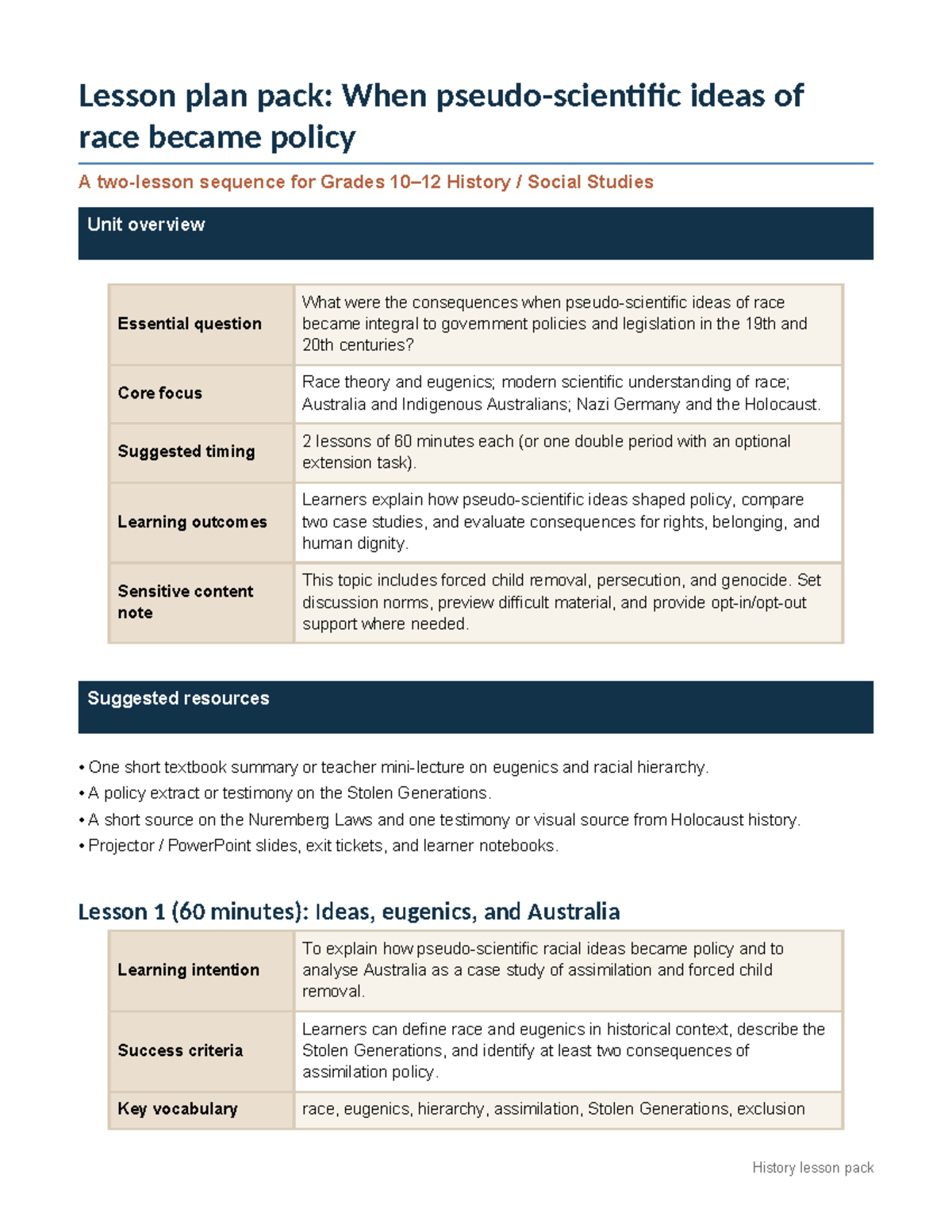 History Lesson Plans: Race, Eugenics, and Policy Analysis - Studocu