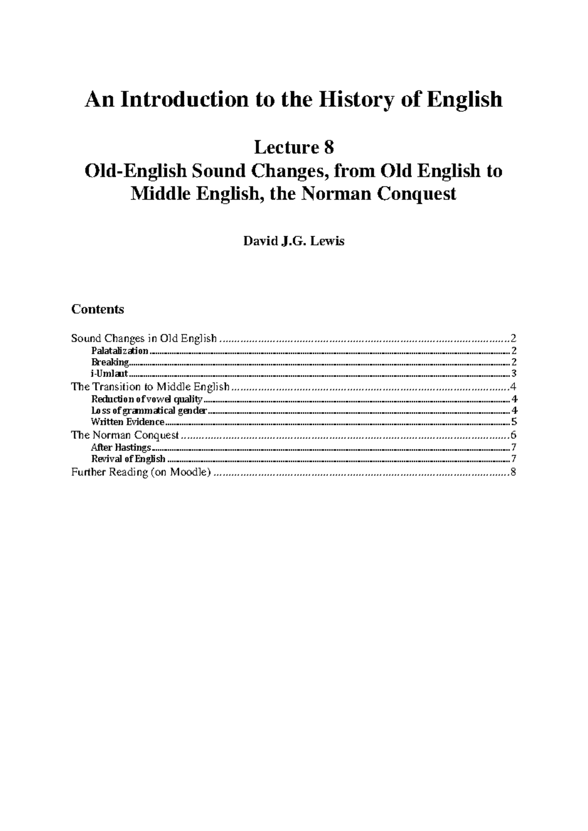 Handout 8 - Old-English Sound Changes, from Old English to Middle ...