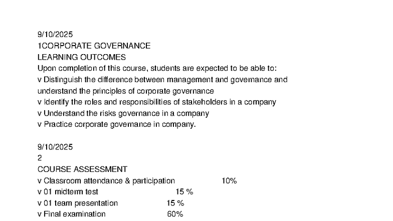 Corporate Governance Learning Outcomes and Assessment (1CORPORATE ...