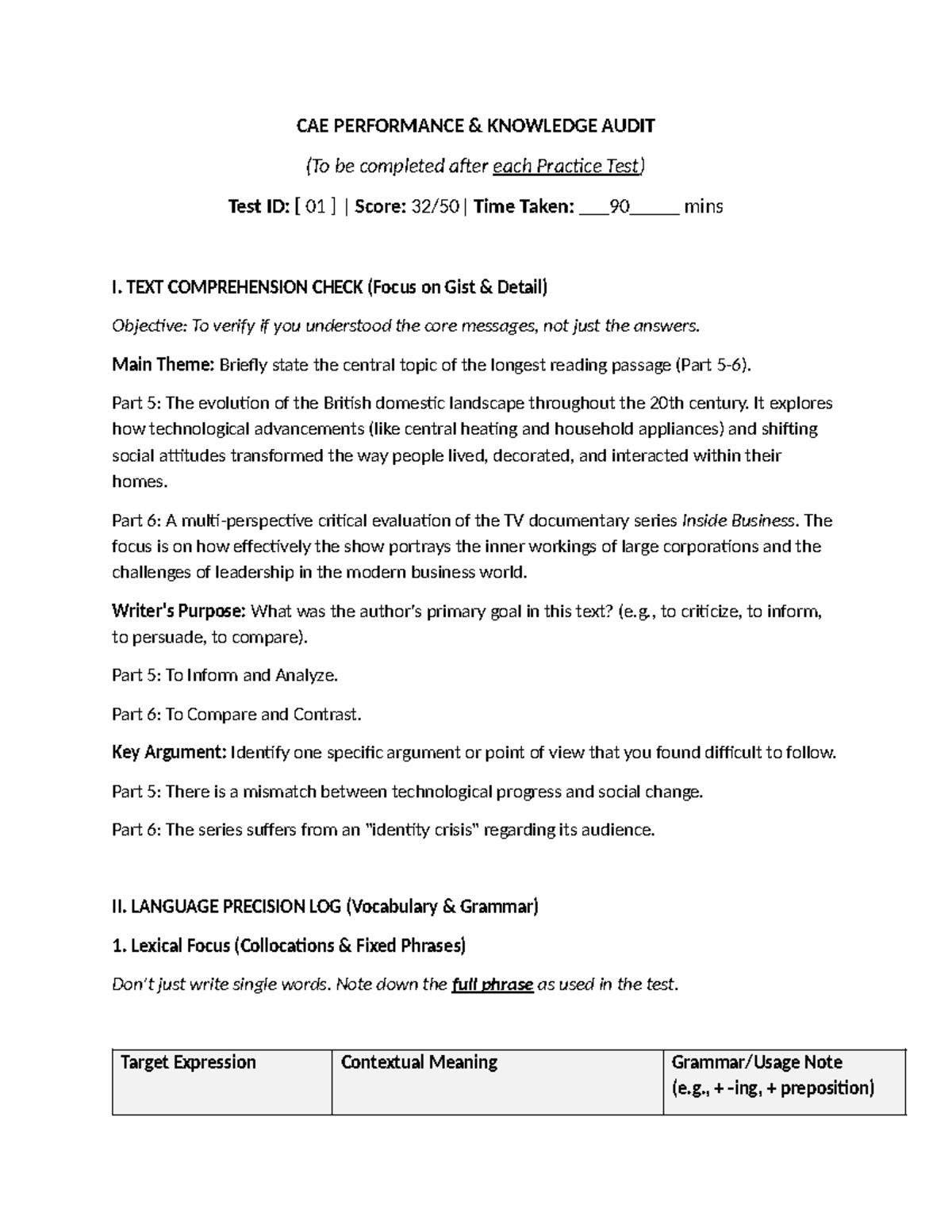 CAE Performance Test 1: Knowledge Audit & Language Precision - Studocu