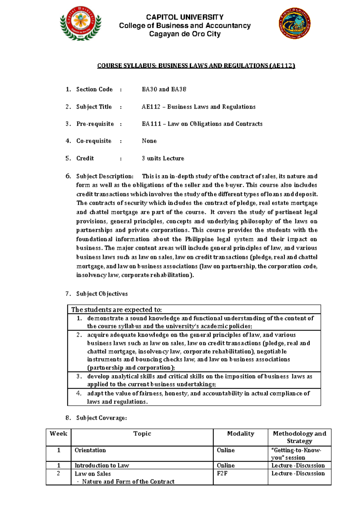 AE112 Business Laws and Regulations Course Outline - CAPITOL UNIVERSITY ...