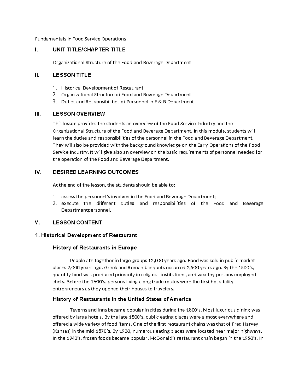 Fundamentals of Food Service Ops: Organizational Structure & Equipment ...
