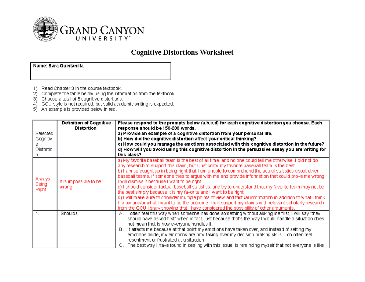 Cognitive Distortions Worksheet - Complete the table below using the ...