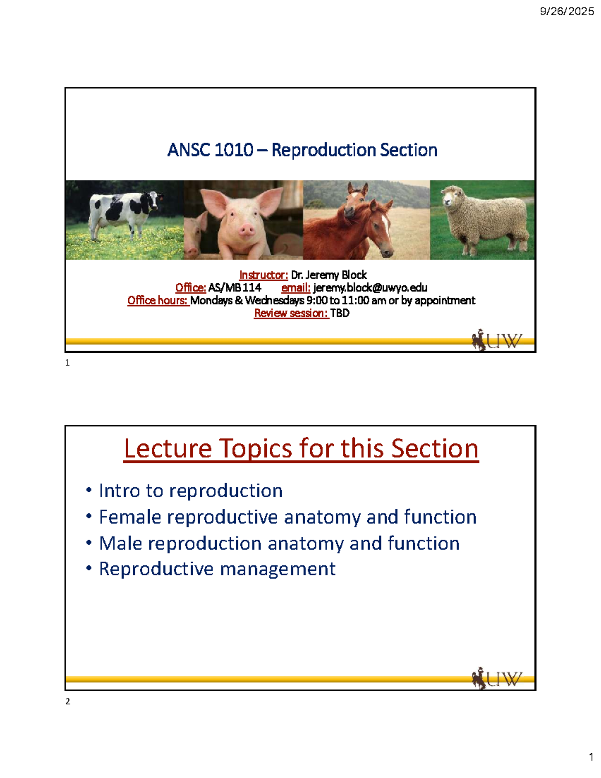ANSC 1010 – Reproductive Anatomy & Management Lecture Notes - Studocu