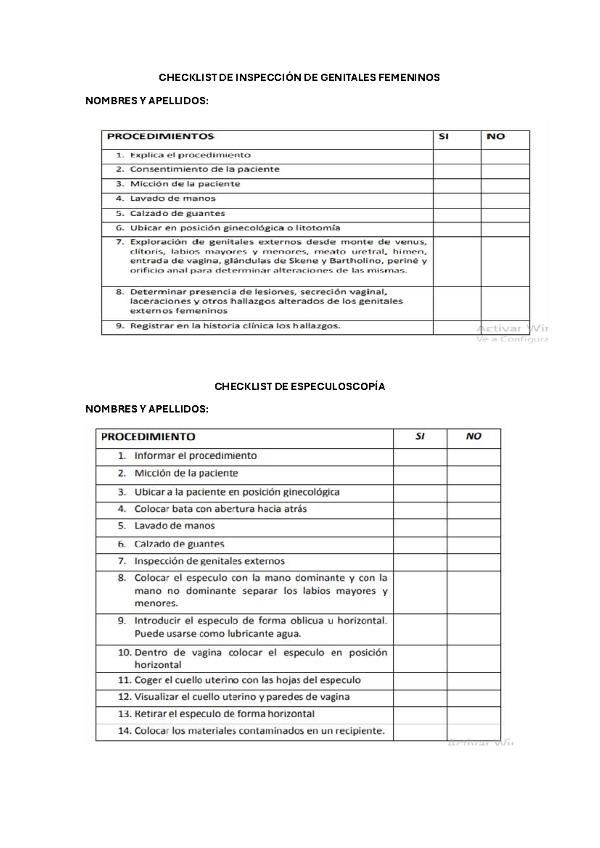 Checklist DE Inspección DE Genitales Femeninos Y Especuloscopia ...