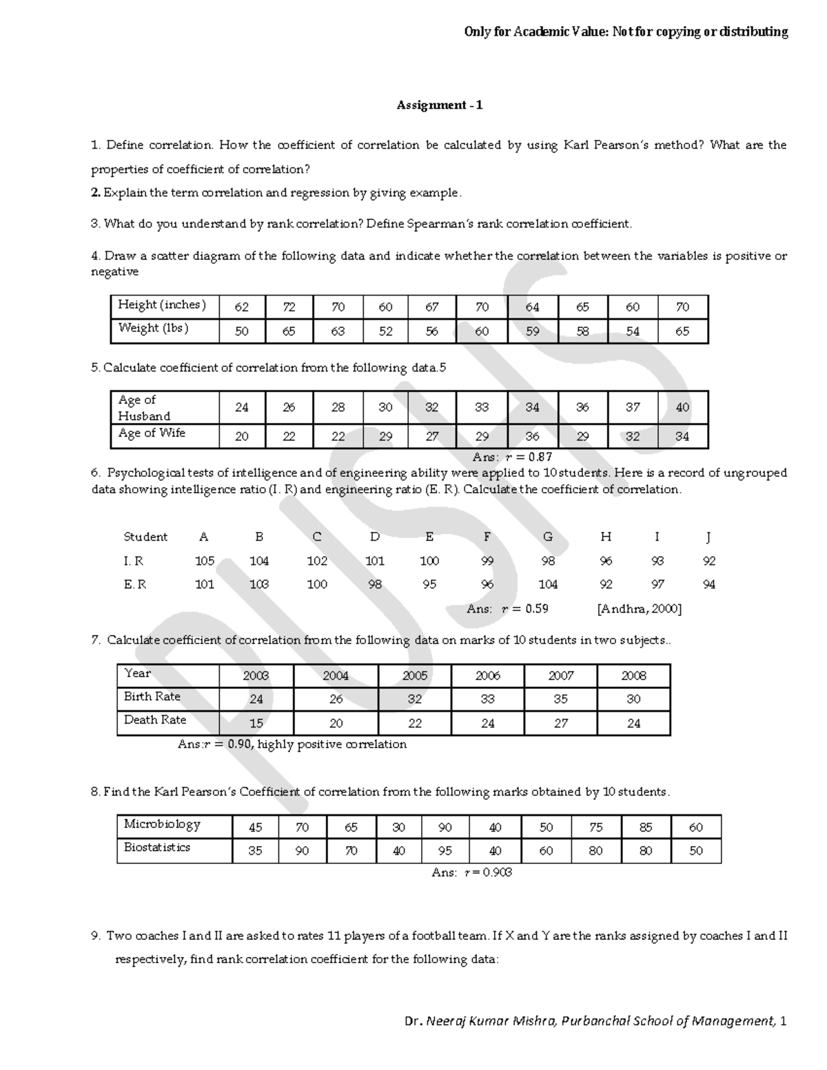 BPH VII: Correlation & Regression Assignment 1 - Key Concepts and ...