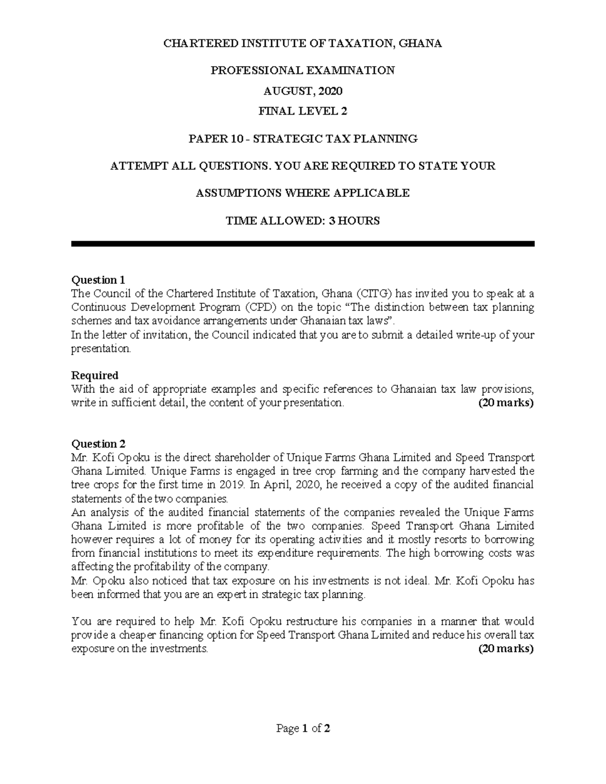CITG Professional Exam Aug 2020: Paper 10 Strategic Tax Planning - Studocu