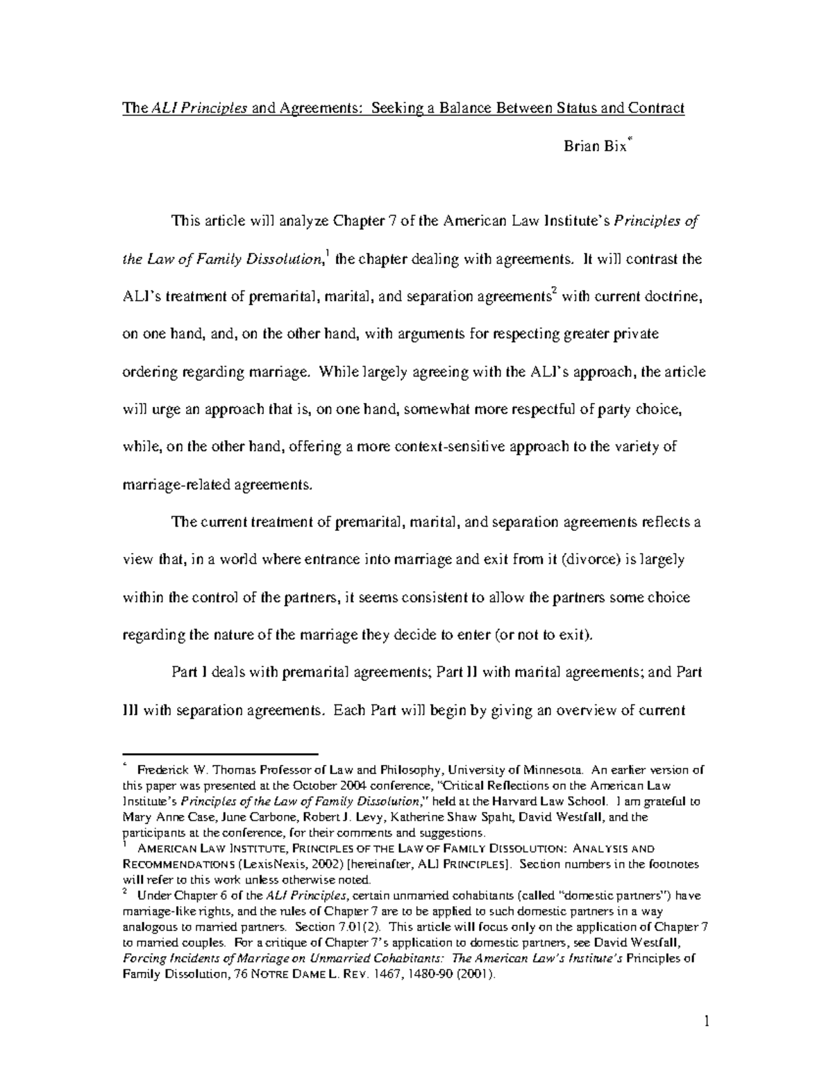 ALI Principles of Family Dissolution: Balancing Agreements and Autonomy ...