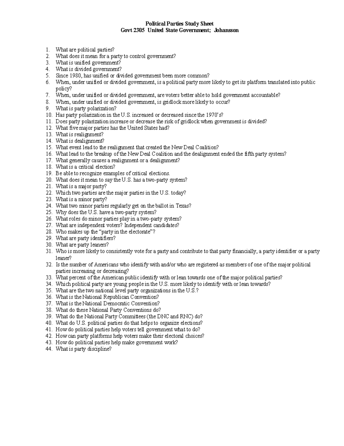Political Parties Study Sheet - Govt 2305 Overview and Key Concepts ...