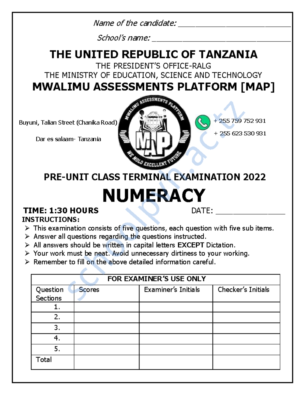 PRE-UNIT TERMINAL EXAM 2022 - ECD Numeracy, Health, Relations, Comm ...