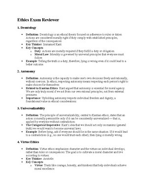 Ethics Exam Reviewer Quiz 4 - Ethics Exam Reviewer 1. Virtue as ...