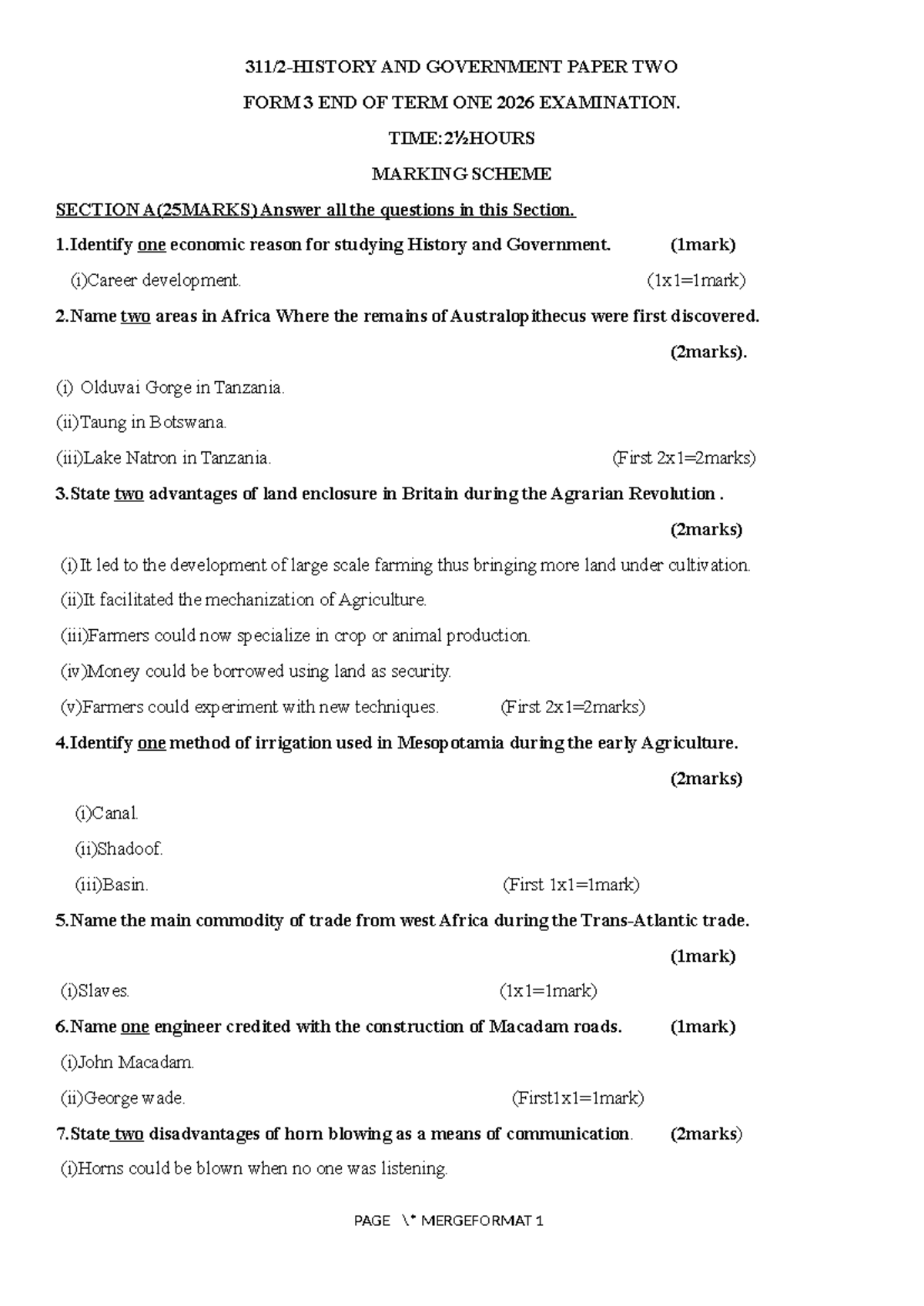 History - Government Paper 2 Form 3 End of Term 1 Exam 2026 Marking ...