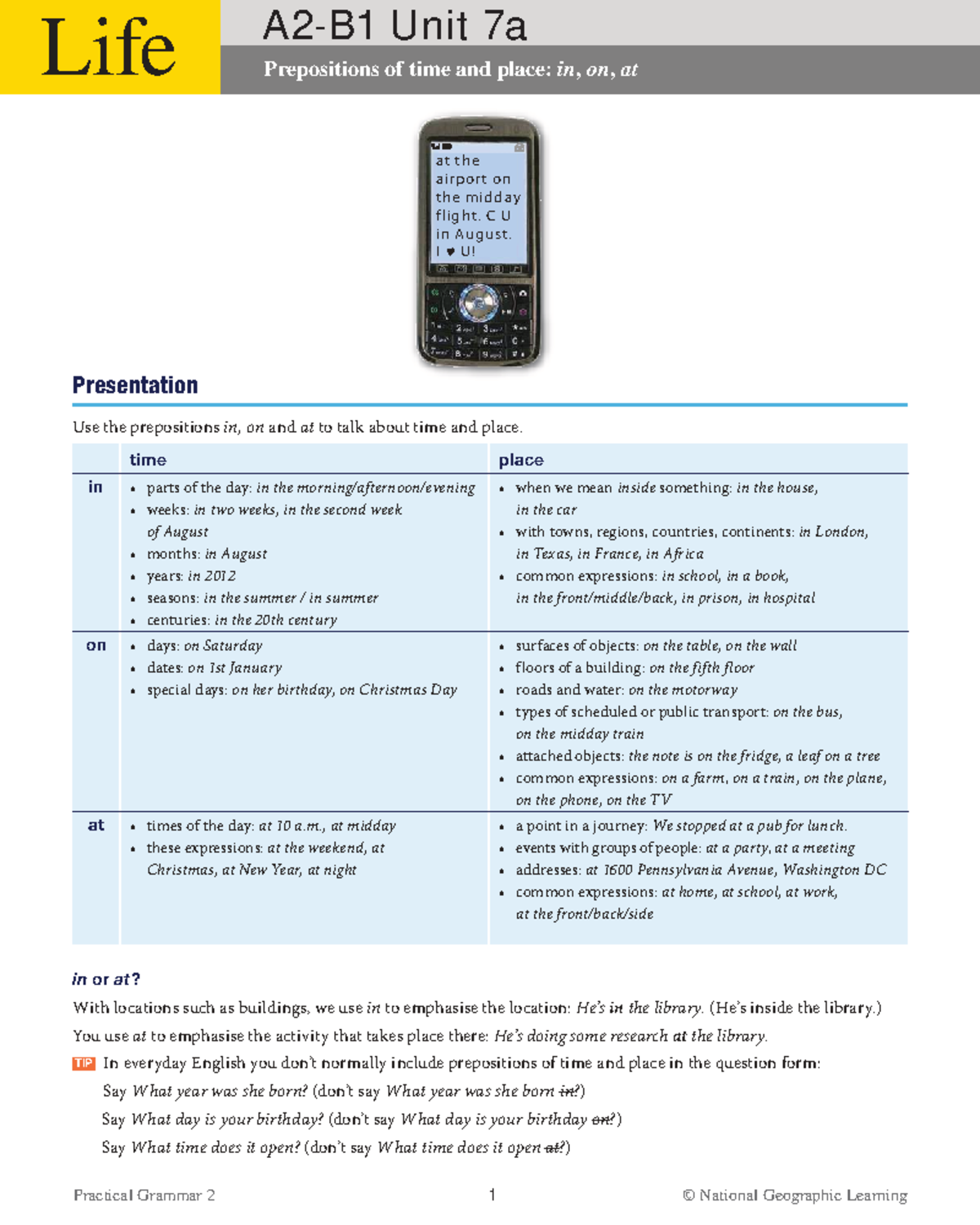 A2B1 Unit 7a: Prepositions of Time and Place Explained - Studocu