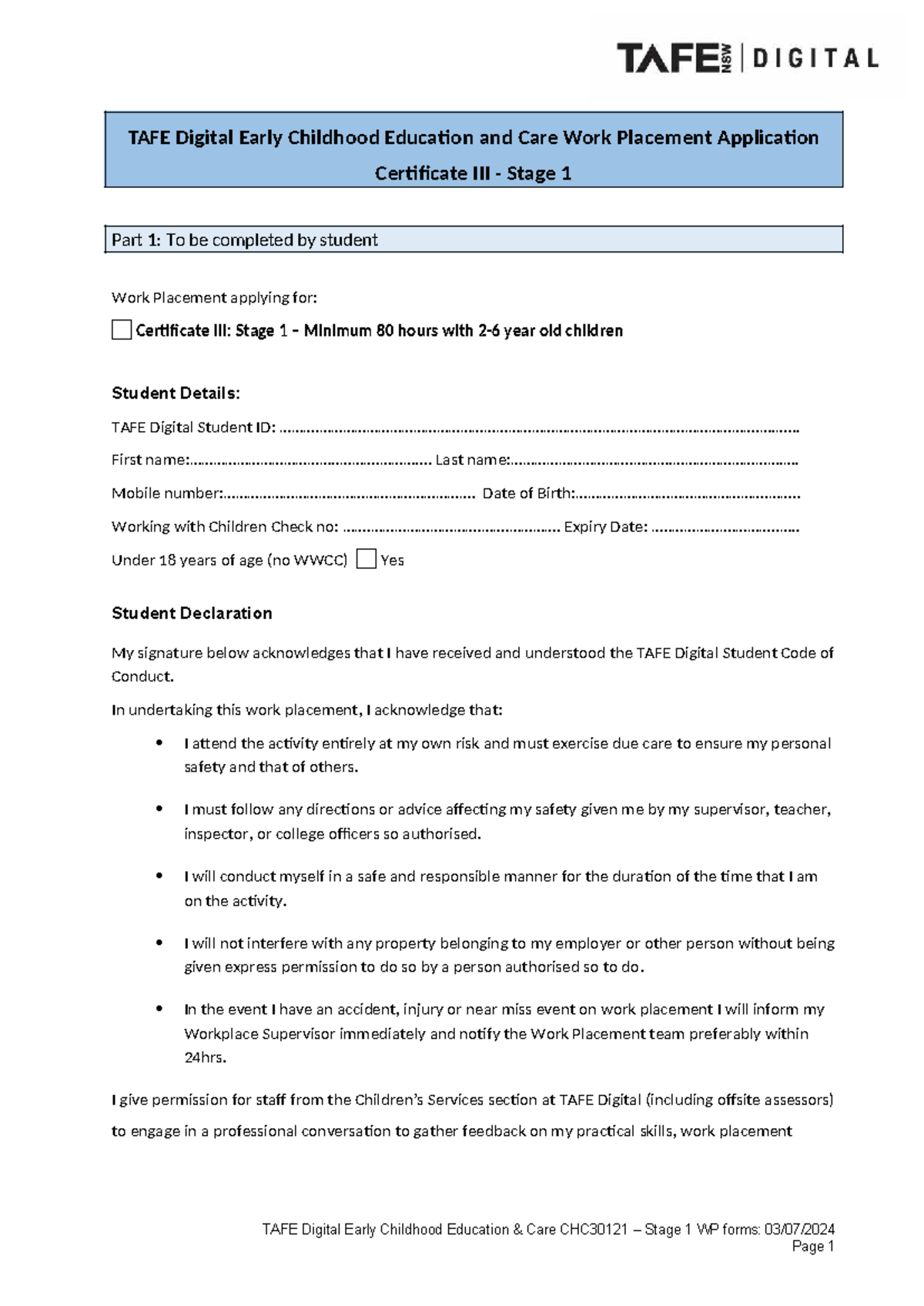 CHC30121 Early Childhood Education Work Placement Application Form ...