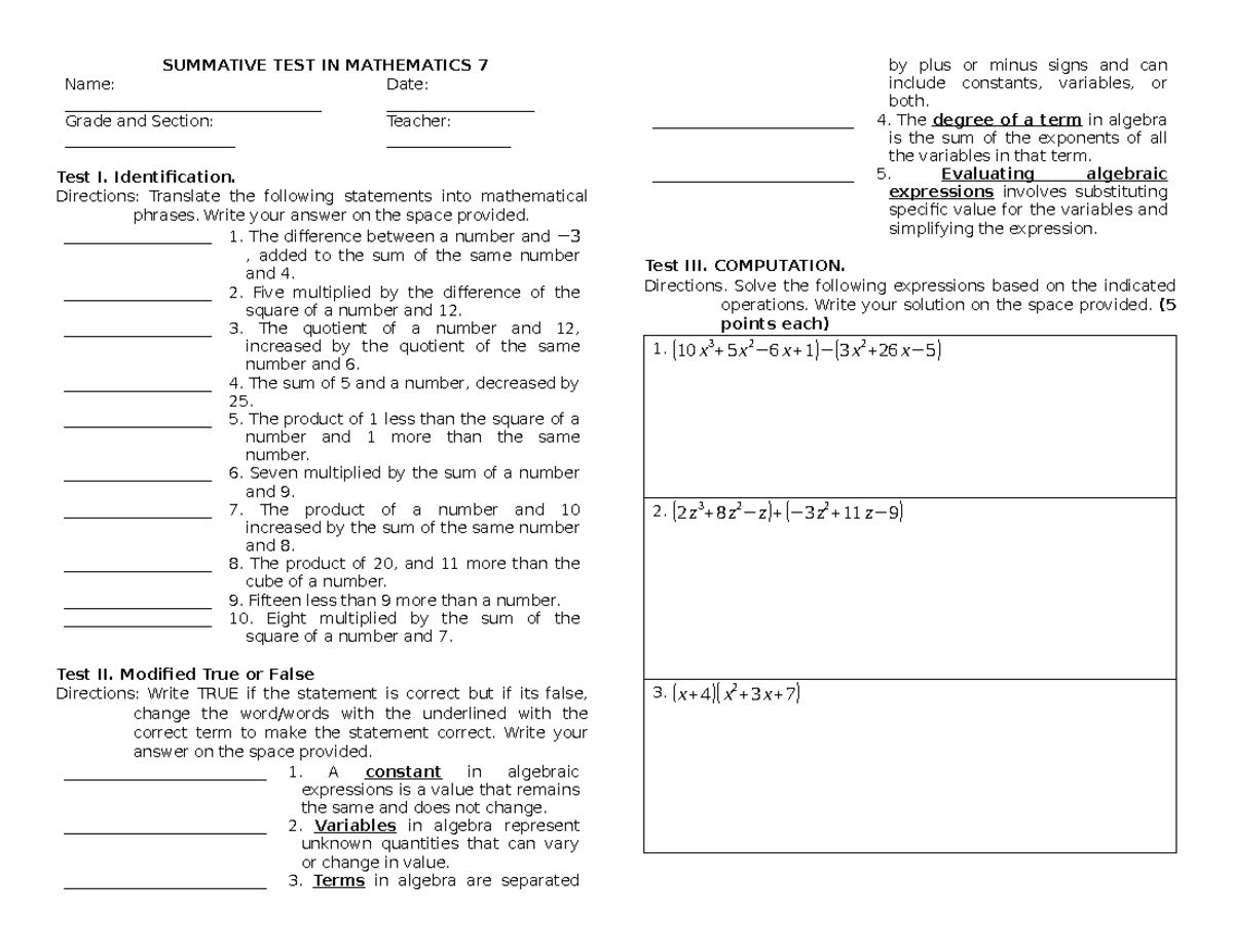 Math 7 Summative Test: Intro to Algebra & Expressions Operations - Studocu
