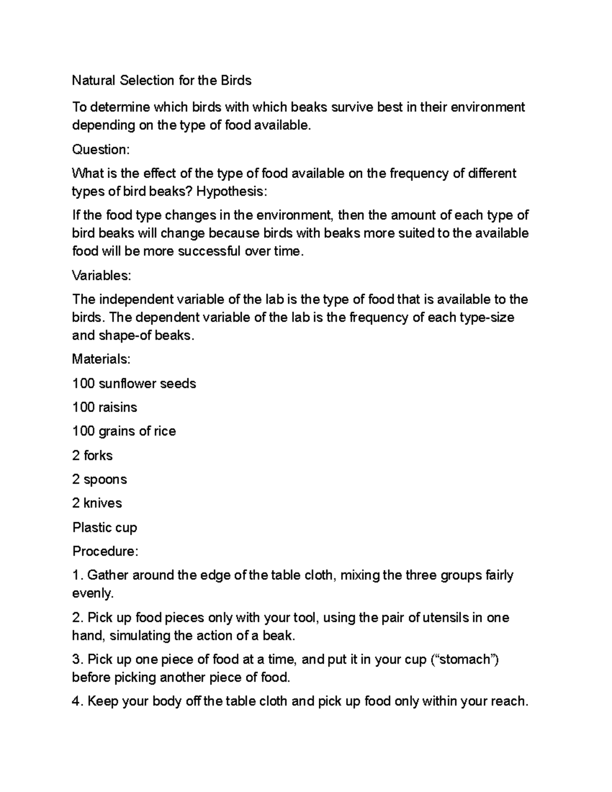 Birds lab - Natural Selection for the Birds To determine which birds ...