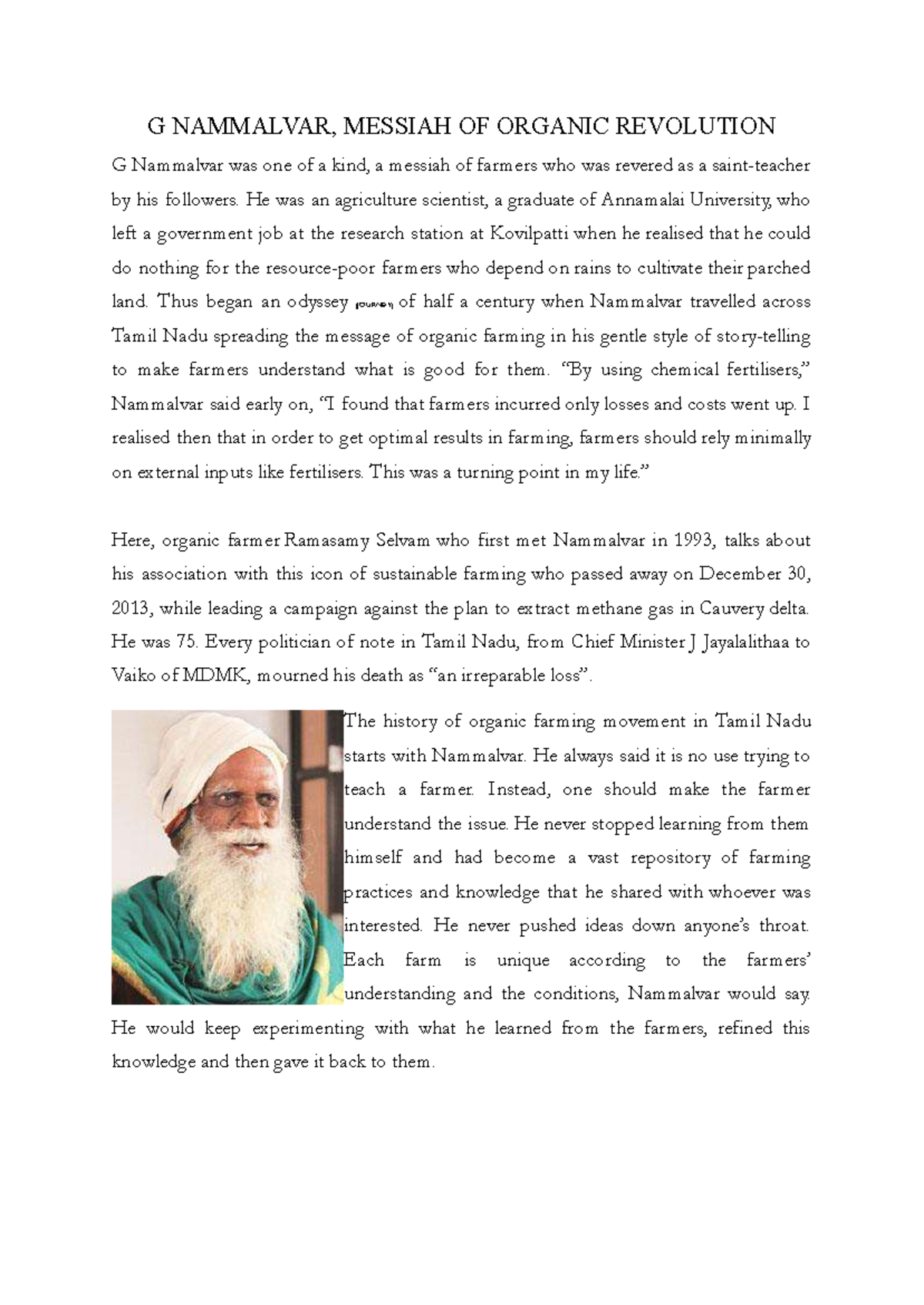 Nammalvar's contributions to organic farming in Tamil Nadu - Studocu