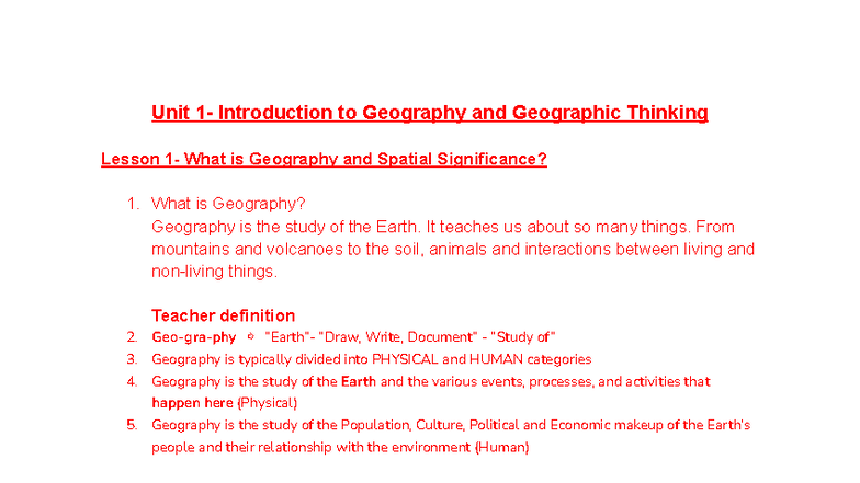Unit 1: Intro to Geography & Spatial Significance Lesson Notes - Studocu