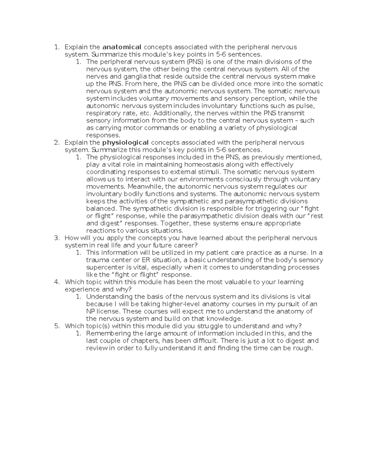 Module 8 Reflection Assignment: Key Insights on Peripheral Nervous ...