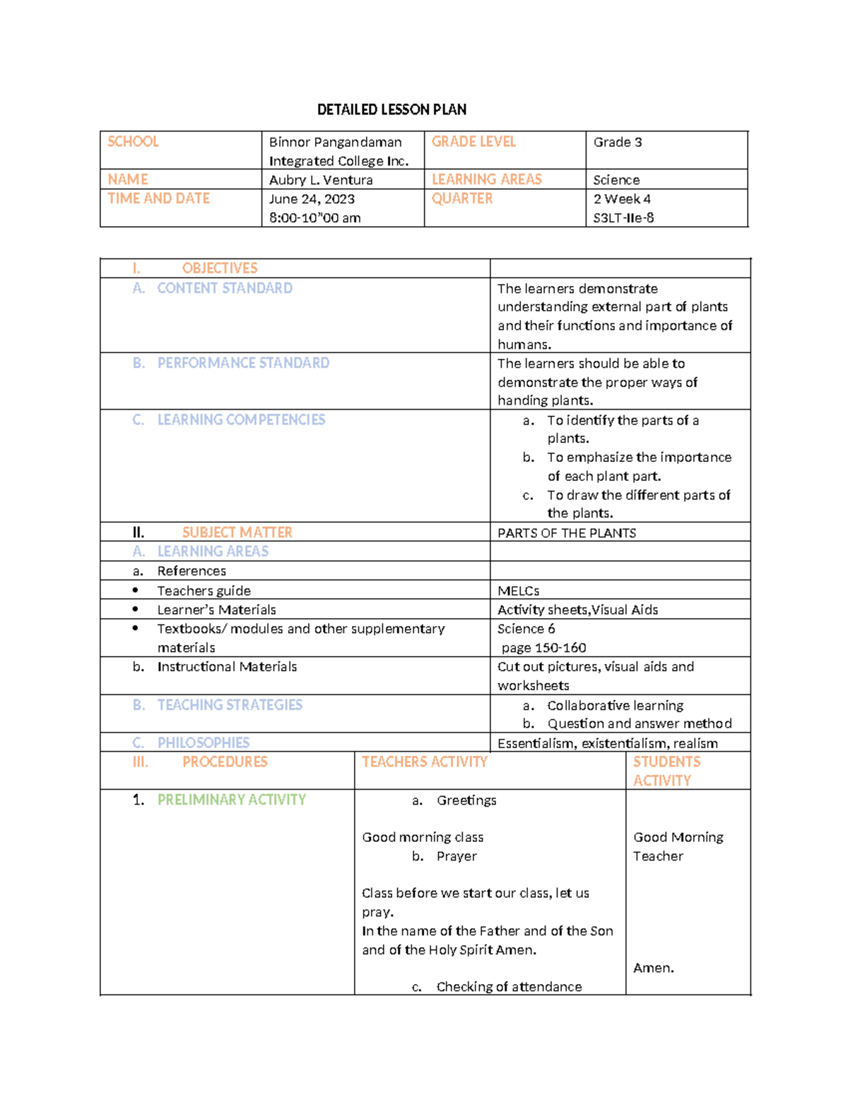 Detailed Lesson Plan for Grade 3 Science - Parts of Plants - Studocu
