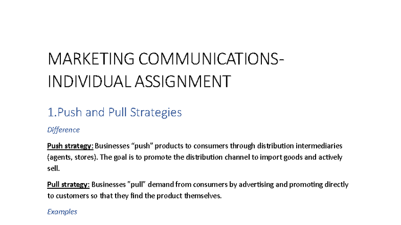 MARKETING COMMUNICATIONS INDIVIDUAL ASSIGNMENT 1: Push vs Pull ...