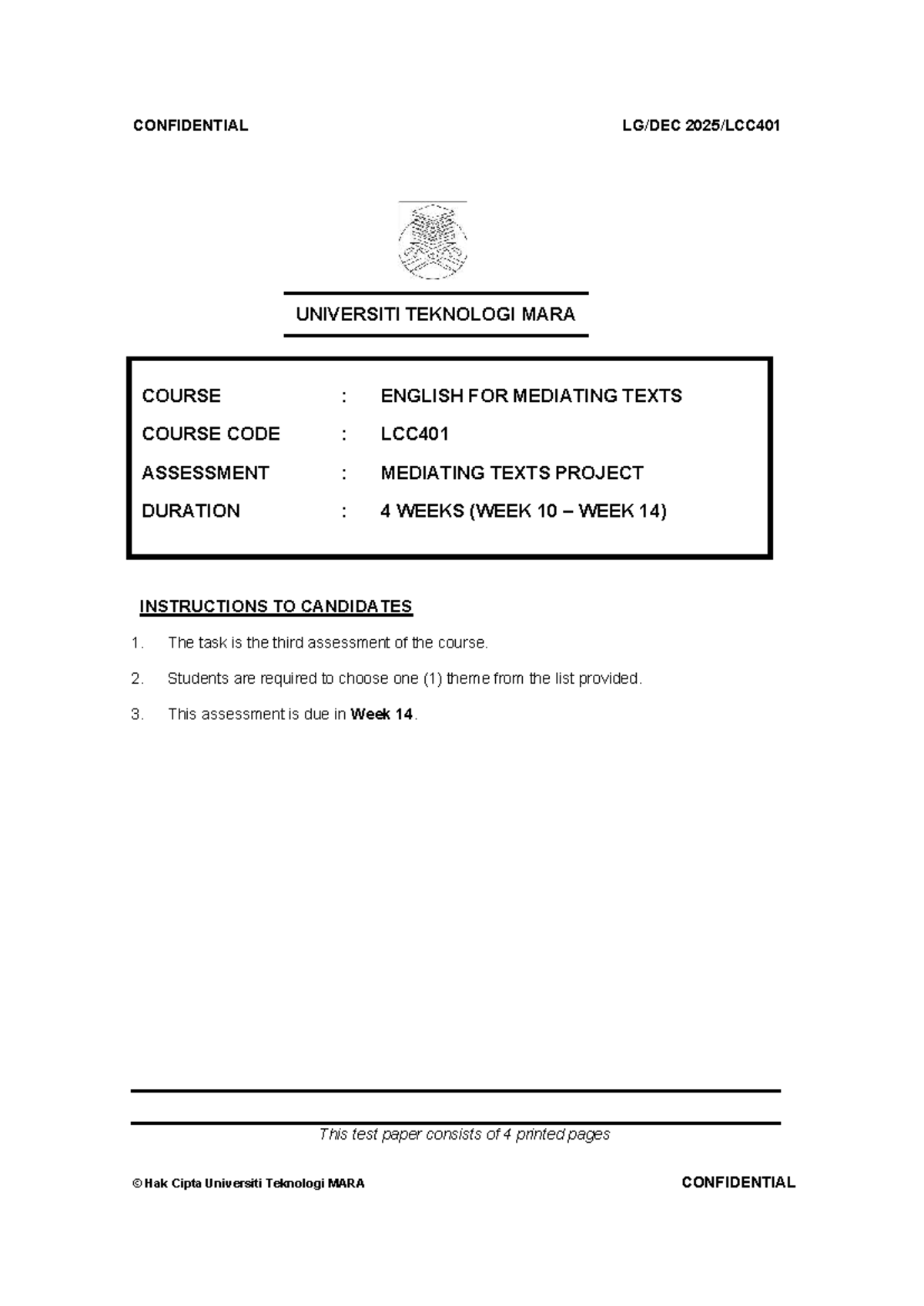 LCC401 Mediating Texts Project Task Sheet (Week 10-14) - Studocu