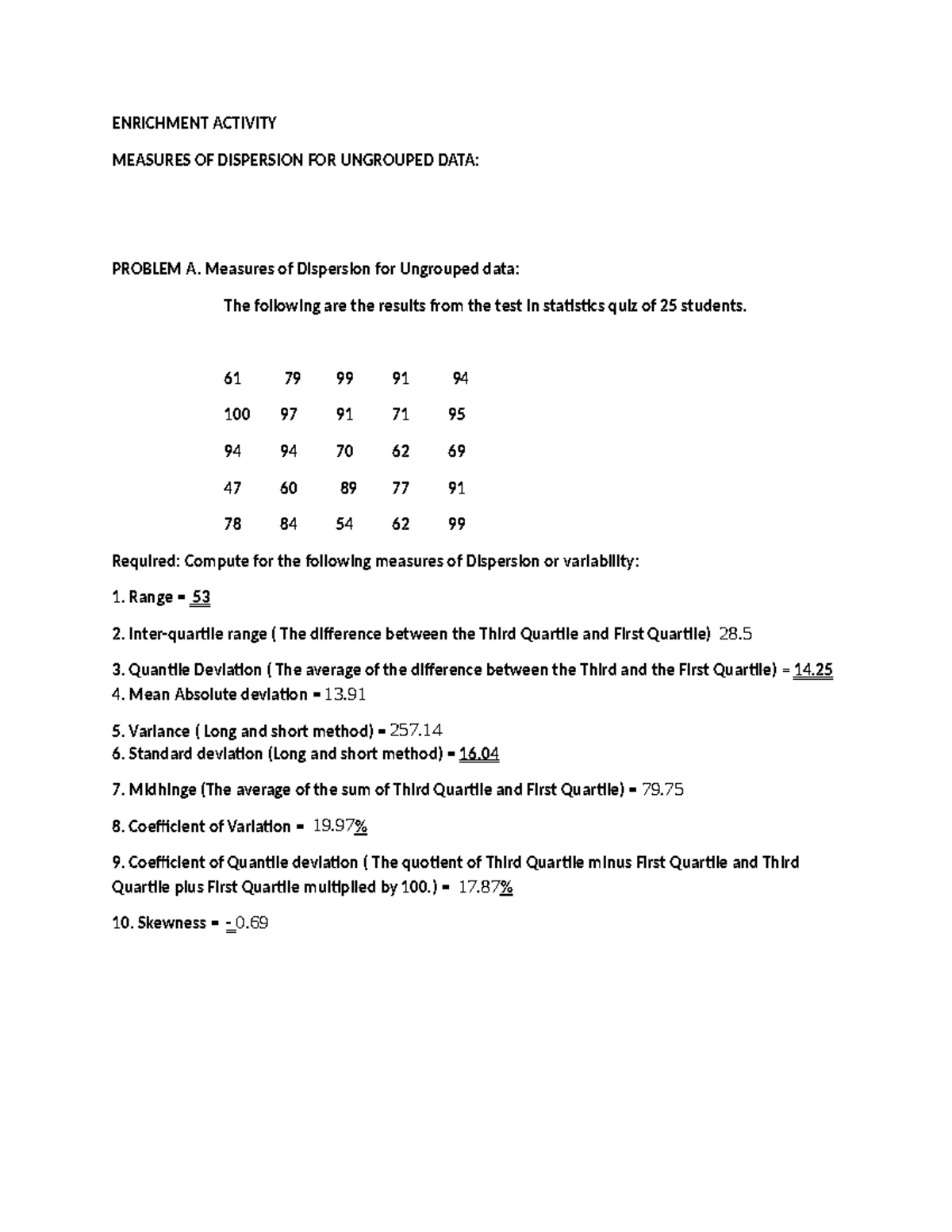 Enrichment Activity Ungrouped Data - ENRICHMENT ACTIVITY MEASURES OF ...
