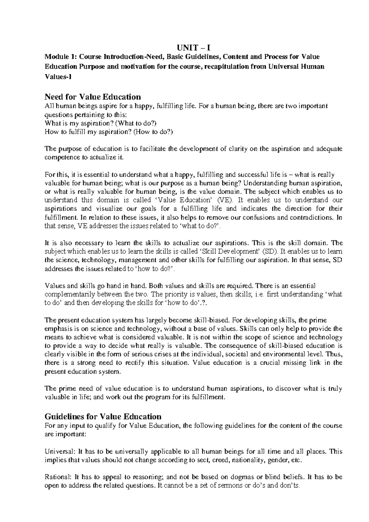 UHV 101: Module 1 - Guidelines for Value Education and Human ...