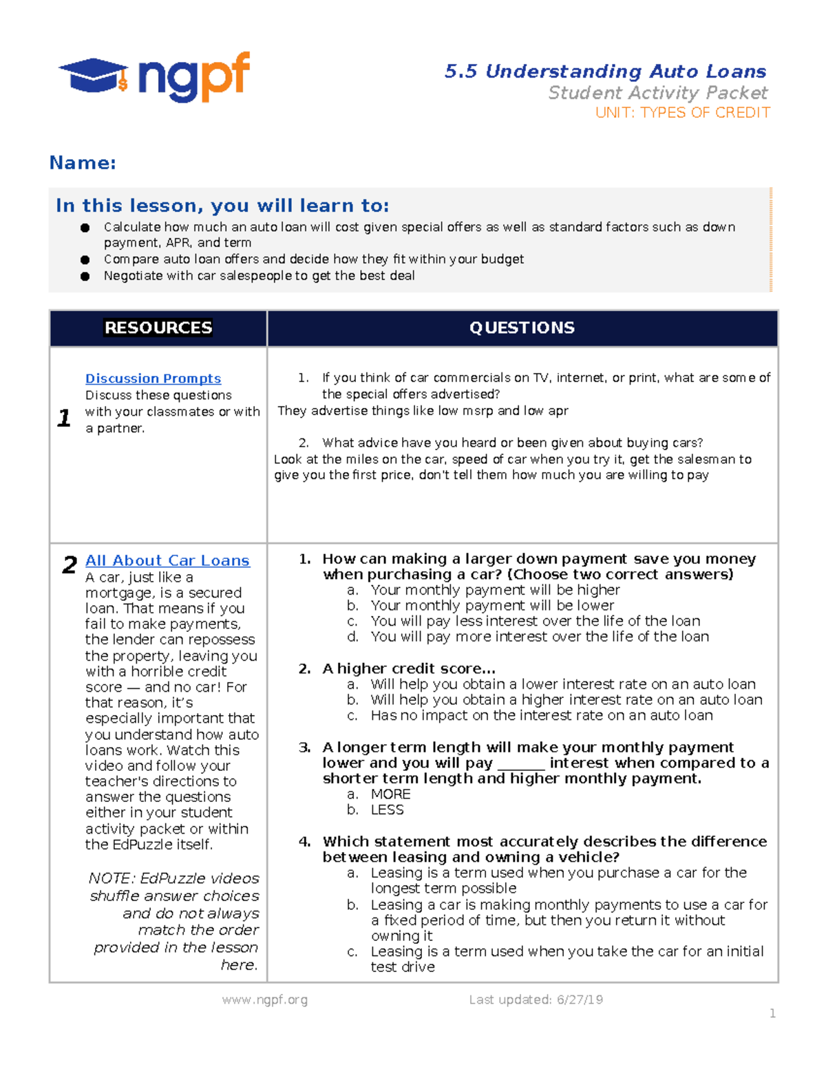 01 Understanding Auto Loans: Student Activity Packet - Studocu